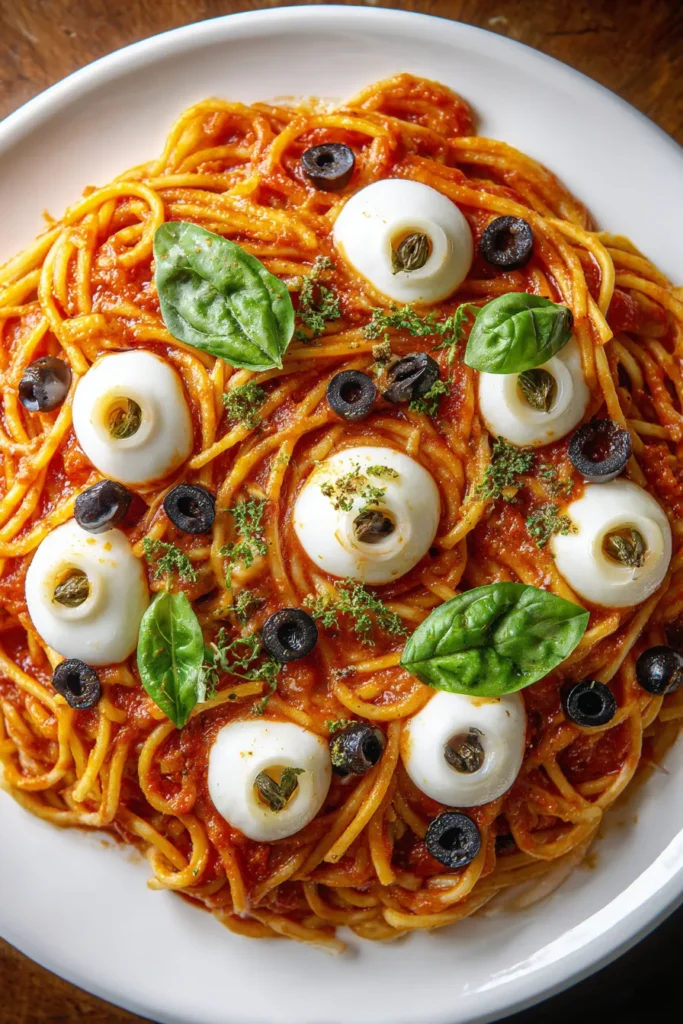 Bloody Spaghetti with Mozzarella Eyeballs – Yummy Casa